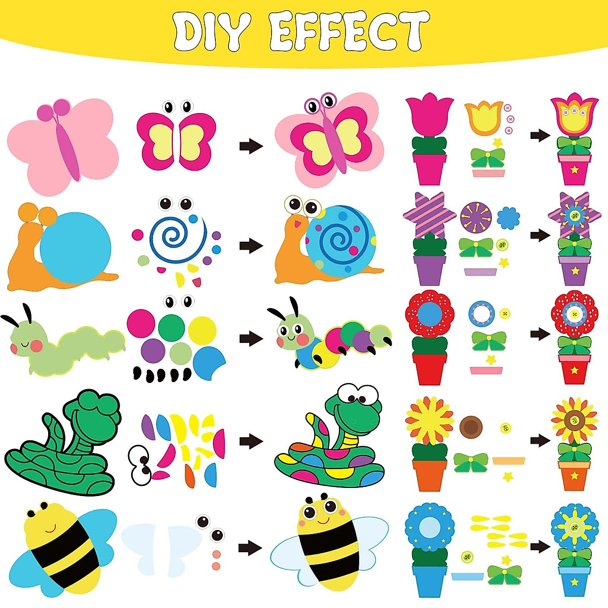 Ayfjovs 40 Pack Flowers Bug Craft Kits for Kids, Spring Summer Crafts for Kids, Flower Butterfly Craft Insect Craft for Early Education Classroom Spring Bulletin Board Decoration, Mother's Day Crafts