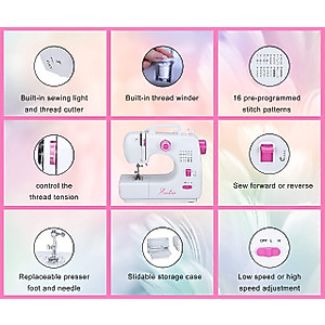 StitchTech Portable Multi-function Home Sewing Machine 16 Built-in Stitches Dual Spread Control Reverse Sewing with LED Light Comes with an Extension Table and 42 PCs Sewing Kit