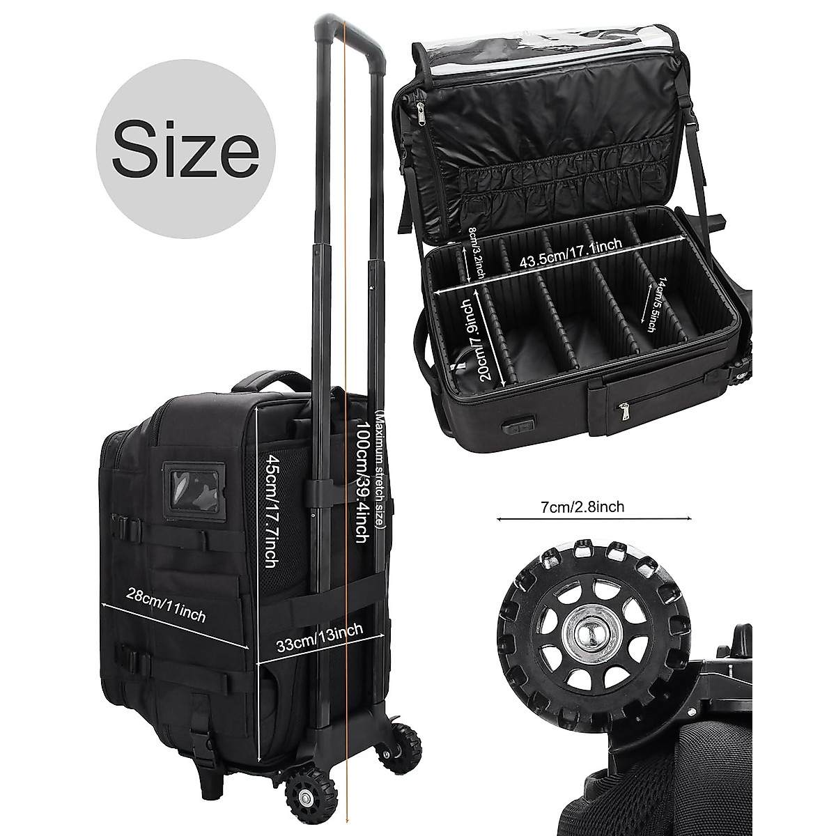 Relavel Barber Travel Backpack, Rolling Makeup Train Case Hairstylist Traveling Bag for Hairdressers and Makeup Artists, Heat Insulation Layer and Adjustable Dividers Cosmetology Case on Wheels