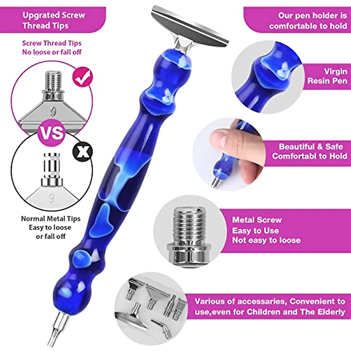 Baiyigs 21Pcs Diamond Pen Painting Accessories Tools Kits for DIY Art&Craft, Stainless Steel Metal Anti-Fall Tip with Ergonomic Resin Diamond Art Pen for 5D Diamond Paint Bead Dot, Embroidery Decor