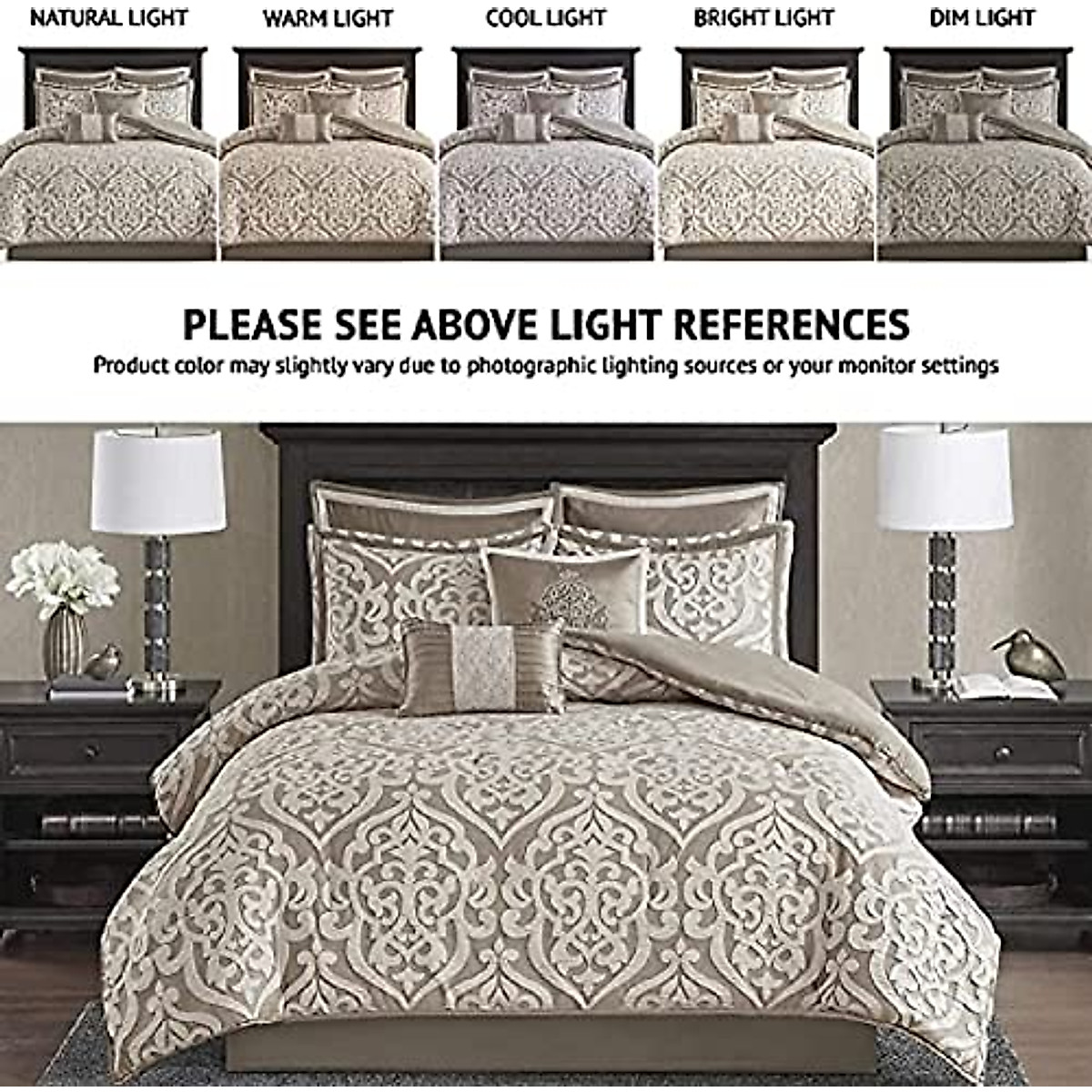 Madison Park Odette Cozy Comforter Set Jacquard Damask Medallion Design - Modern All Season, Down Alternative Bedding, Shams, Decorative Pillow, King(104 in x 92 in), Tan 8 Piece