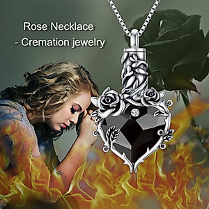 TOUPOP Rose Urn Necklace for Ashes 925 Sterling Silver Cremation Jewelry for Women with Black Heart Crystal w/Funnel Filler Ash Holder Necklace Pendant Funeral Keepsake Memorial Jewellery