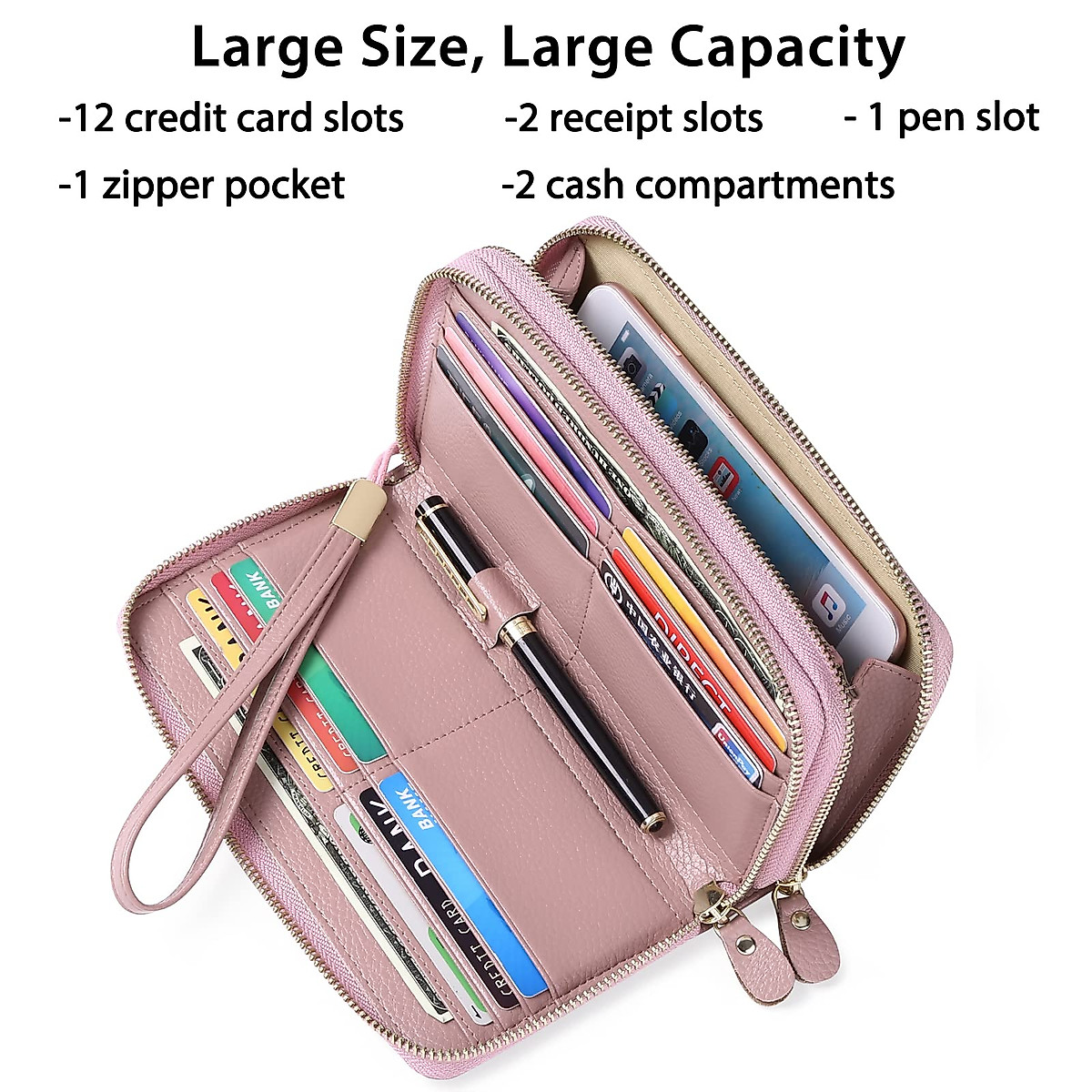 SENDEFN Leather Women Wallet RFID Blocking Zipper Around Phone Holder Clutch Wristlet Large Capacity