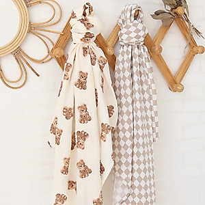 LifeTree Muslin Swaddle Blankets Neutral, Baby Swaddling Wrap Nursery Blanket for Boys & Girls Unisex, Soft 70% Viscose from Bamboo and 30% Cotton, Large 47 x 47 inches, Bear & Checkered Coffee