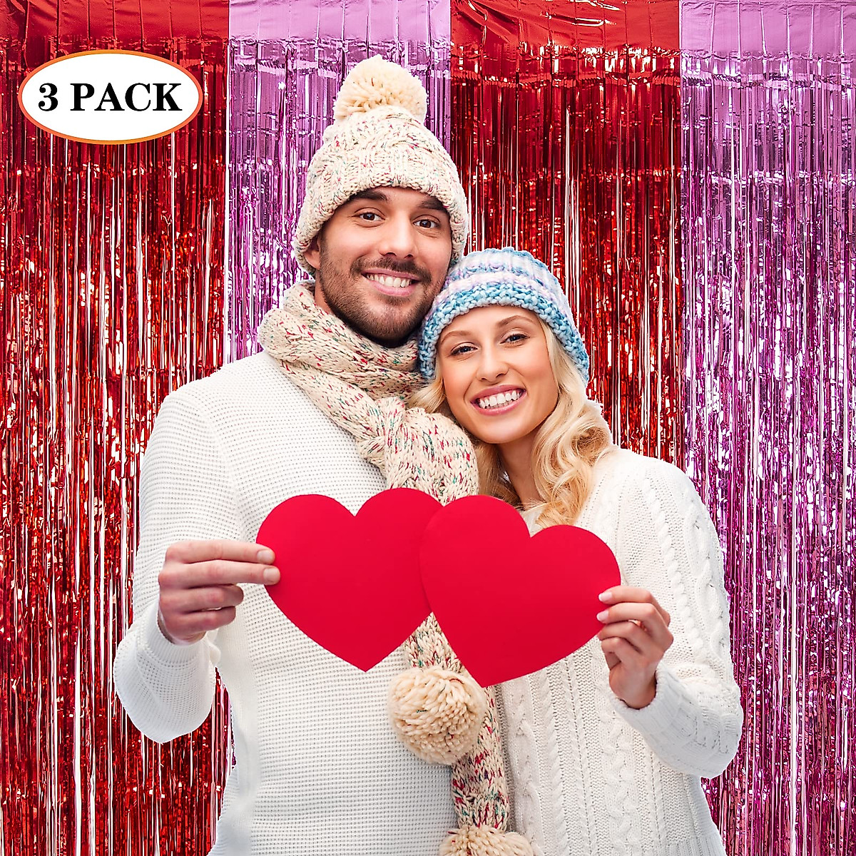 LOLStar 3 Pack Valentines Foil Fringe Curtains Valentine's Day Party Decorations 3.3X6.6 ft Red Pink Tinsel Material Curtain Photo Backdrop Streamer Backdrop for Valentines Day Decor Birthday Wedding