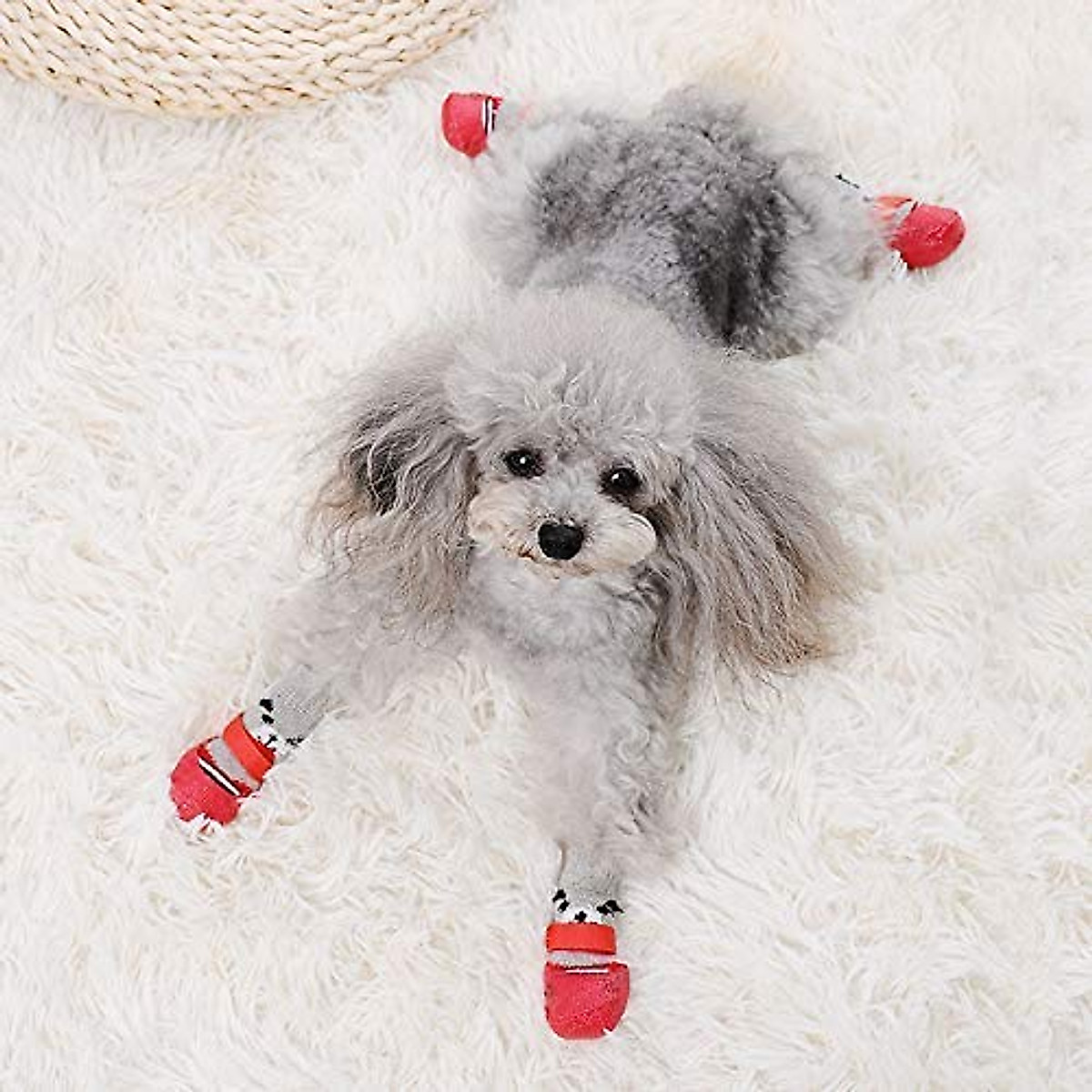 Dog Cat Boots Shoes Socks with Adjustable Waterproof Breathable and Anti-Slip Sole All Weather Protect Paws(Only for Tiny Dog) (L, Red)