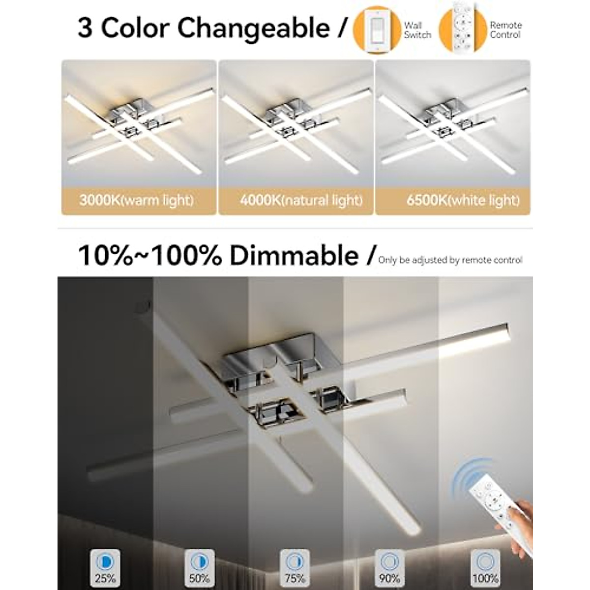 JFHTNFJ 24in Modern LED Ceiling Light, 40W Dimmable with Remote Control Semi Flush Mount Ceiling Light Fixture, Chrome LED Ceiling Lamp for Bedroom Kitchen Living Room