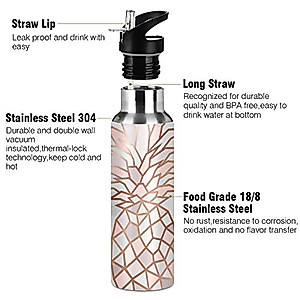 OREZI Rose Gold Pineapple On Pink And White Marble Water Bottle Thermos with Straw Lid for Boys Girls,600 ml,Leakproof Stainless-Steel Sports Bottle for Women Men Teenage