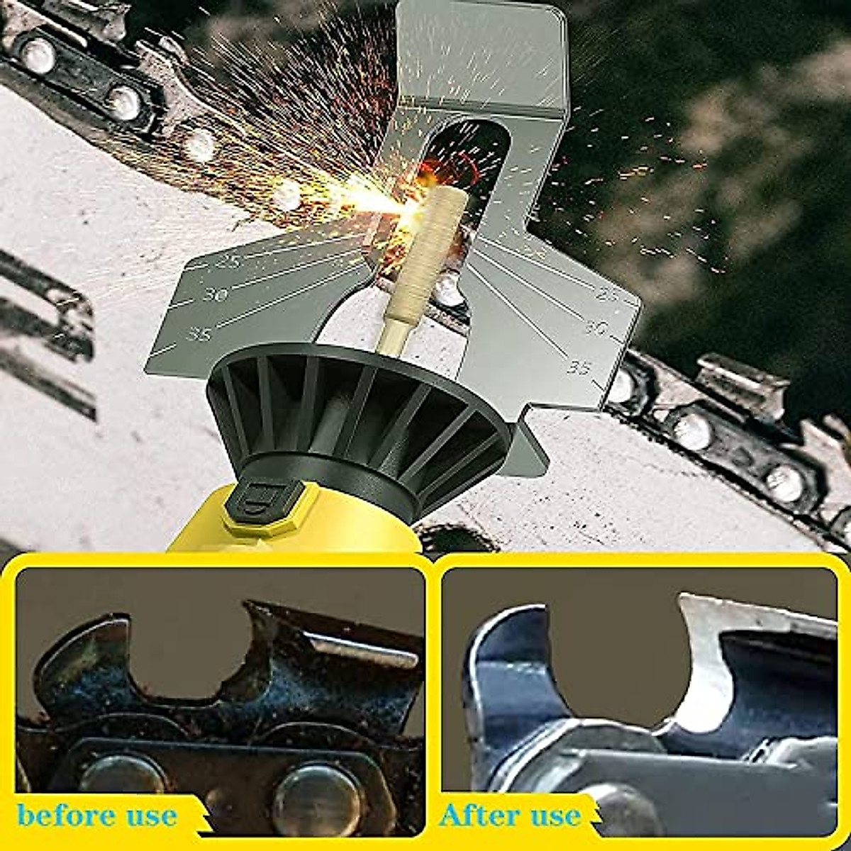 yuentoen 8Pcs Chainsaw Sharpening Attachment Kit with Angle Guide and Diamond Burr Grinding Stone Files Blade Teeth Sharpener Set, Drill Power Tool Accessories