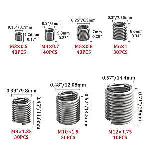 XINGYHENG 210pcs M3 M4 M 5 M6 M8 M10 M12 Wire Thread Inserts Steel Sheath Helicoil Type Screw Repair Sleeve Assortment Kit with Plastic Box
