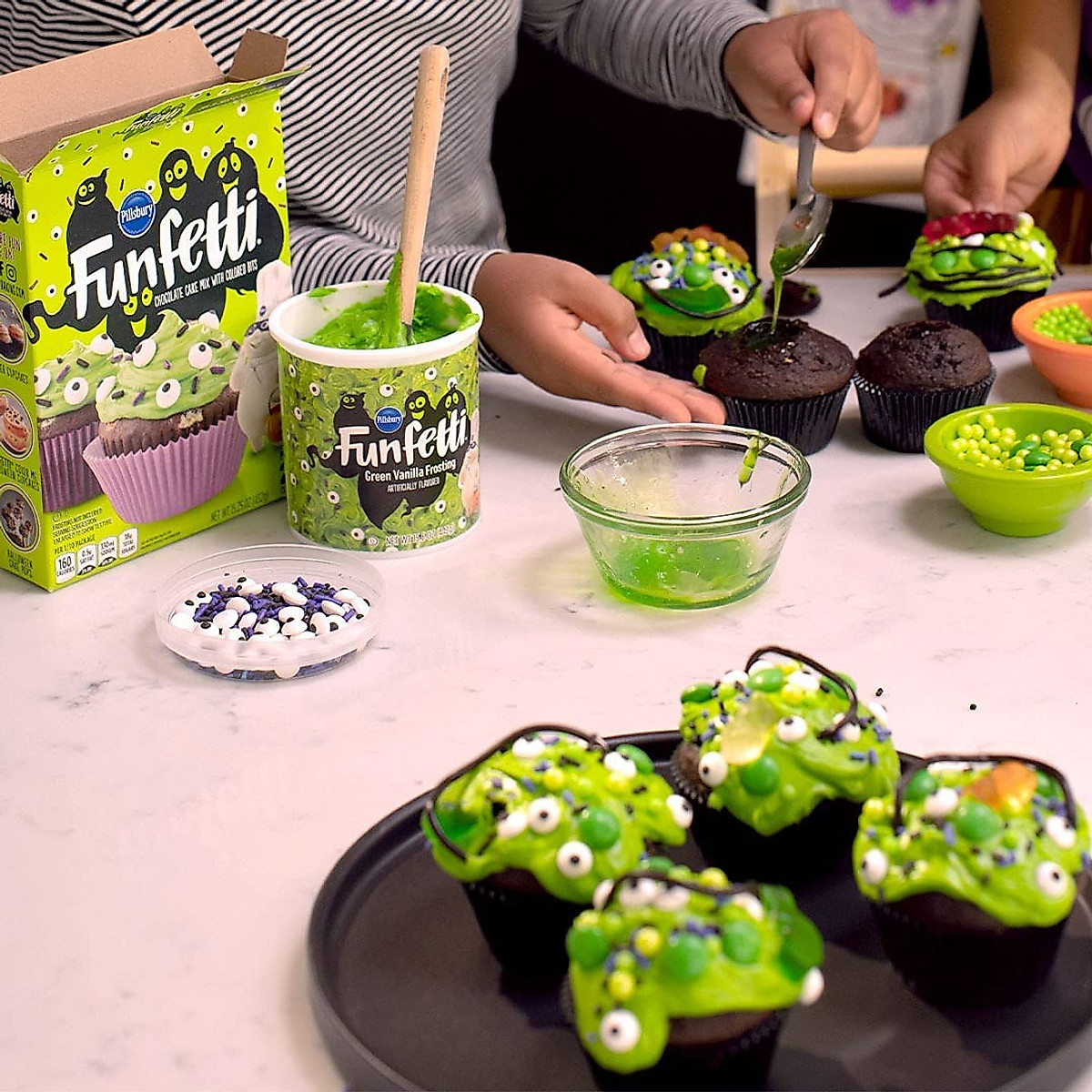 Pillsbury Funfetti Halloween Bundle, 1 of each Chocolate Slime Cake Mix, Slime Brownie Mix, Green Vanilla and Orange Vanilla Frosting with Sprinkles (Pack of 4) with By The Cup Spreader