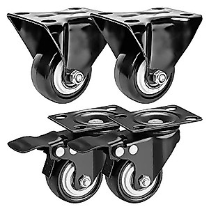 FactorDuty 4 Pack Combo 2 inch Caster Wheels 2 Rigid Non Swivel Fixed Stationery & 2 with Brake Swivel Plate All Black Polyurethane Wheels Non Marking No Noise 150LB Per Wheel