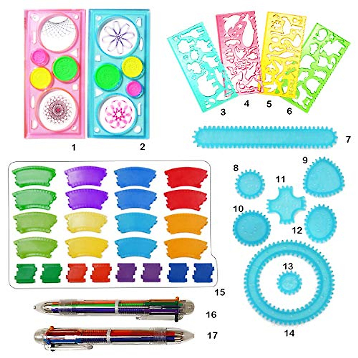MIMIDOU Spiral Designer Freestyle Design Deluxe Kit, kids drawing aid art design stencil set include multicolored gel pen, spiral shapes and geometric templates 17 pcs.