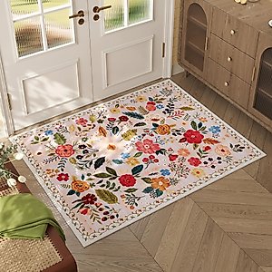 Rugcomf Door Mat Indoor Entrance 2x3 Rug Machine Washable Boho Floral Small Area Rug Non-Slip Low Pile Throw Rugs for Entryway, Kitchen, Front Door Indoor Entrance, Entry, Kids Room (Beige)