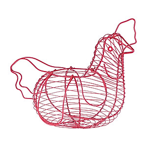 MERIGLARE Rustic Storage Basket Metal Wire Hen Shaped Snack Fruit Egg Basket Pink Wire Holder with Handles for Kitchen