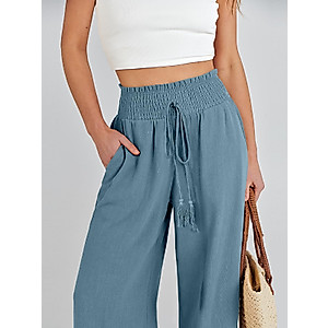 ANRABESS Women's Linen Pants Summer Casual Palazzo Beach Pant Drawstring High Waist Wide Leg Trousers Vacation Outfits Small Lake Blue