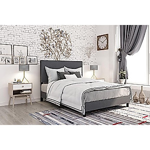 DHP Janford Upholstered Platform Bed with Modern Vertical Stitching on Rectangular Headboard, Queen, Gray Linen