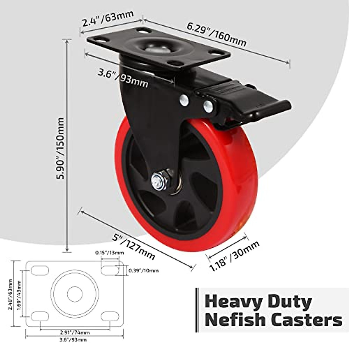 Nefish Swivel Caster Wheel for Cart, 5 Inch Industrial Casters Set of 4 - Heavy Duty Top Plate Casters with Brake 2200 Lbs, 360 Degree Polyurethane Wheels for Cart, Trolleys, Furniture, Equipment