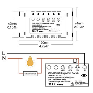 MOES Touch Wall Single Live Wire Smart Switch，No Neutral Wire Needed, 2.4GHz WiFi RF433 Light Switch Works with Smart Life/Tuya App, Alexa and Google Home, Single Pole 110V, White 1 Gang