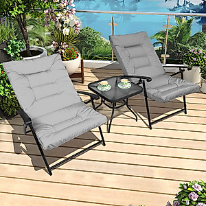 Omelaza 3 Pieces Patio Padded Folding Chair, Outdoor Adjustable Reclining Lounge Chairs with Tempered Glass Table (Grey)