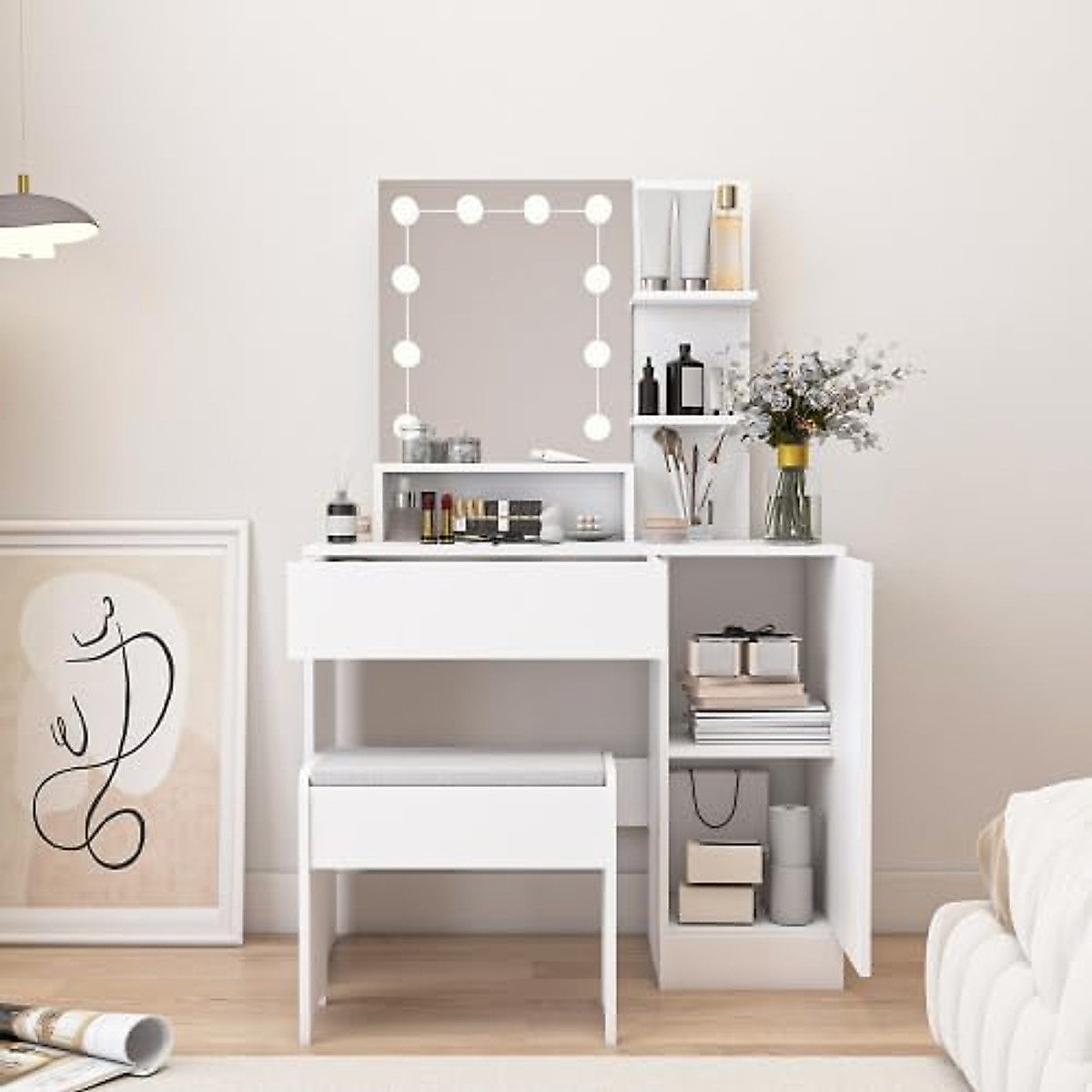 Makeup Vanity Table, Make Up Vanity Desk with Large Mirror and 10 LED Lights, Brightness Adjustable, Dresser Table Desk with Drawers & Shelves, Bedroom Vanitys Desk for Girls Women, White, New