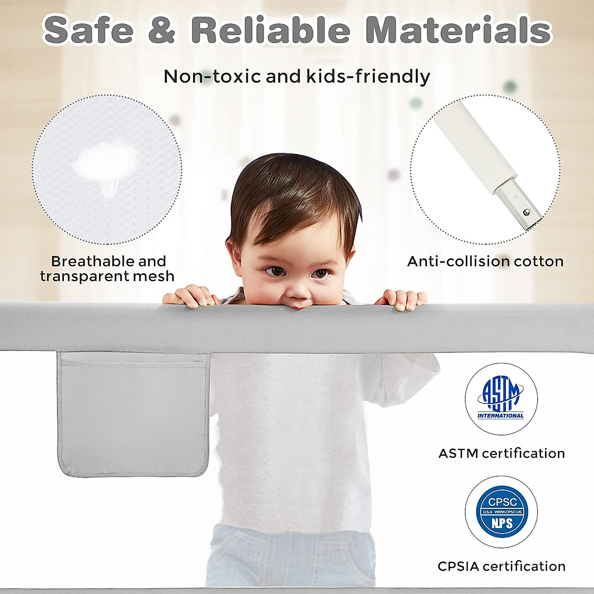 BABY JOY Bed Rail for Toddlers, 57’’ Extra Long, Height Adjustable & Foldable Baby Bed Rail Guard w/Storage Pocket & Double Safety Child Lock for Kids Twin Double Full Size Queen King Mattress (Gray)