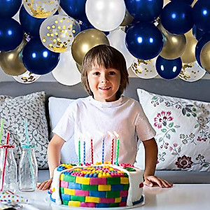 Navy Blue and Gold Confetti Balloons Party Decoration Supplies 70pcs 12 inch Gold Metallic Pearl White Balloons for Navy Party, Baby Shower, Wedding, Graduation, Birthday, with 2 Strips, 2 Foil Ribbon