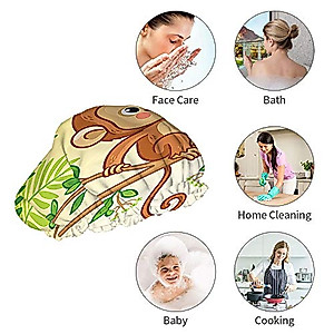AOYEGO Monkey Shower Head Cap Cute Animal on Tree Branch Green Leaves Bath Hats for Women Men Girls Long Hair Large Waterproof Reusable Caps