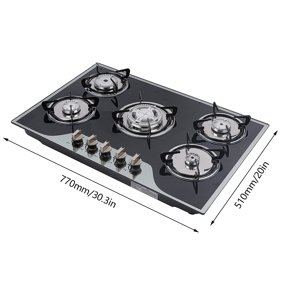 Gas Cooktop 30" Gas Cooktop 5 Burners Gas Stove Gas Hob Stovetop Tempered Glass Cooktop Cast Iron Grates Built-in Gas Stove Top Gas Cooktop Thermocouple Protection (Style 1)