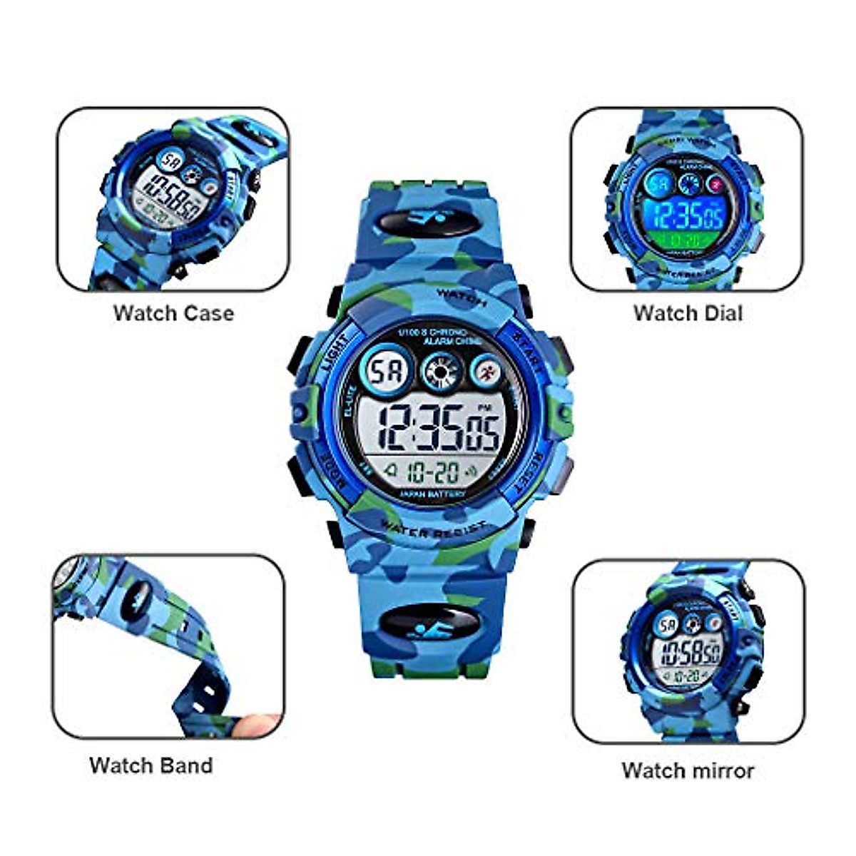 Tonnier Watch Kids Sports Watch Multi Function Digital Watches Colorful LED Display Waterproof Wristwatches for Children with PU Band Blue