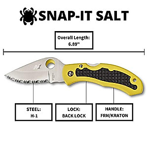 Spyderco Snap-It Salt Knife with 2.96" H-1 Corrosion-Resistant Steel Blade and Black/Yellow Lightweight FRN Handle - SpyderEdge - C26SYL