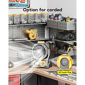 DeForce Battery Operated Fan, for DeWalt 20V Max Battery, Camping Fan Cordless, Option for Corded, with LED Lights, Variable Speed, Hook for Hanging, for Jobsite(Battery Not Included)