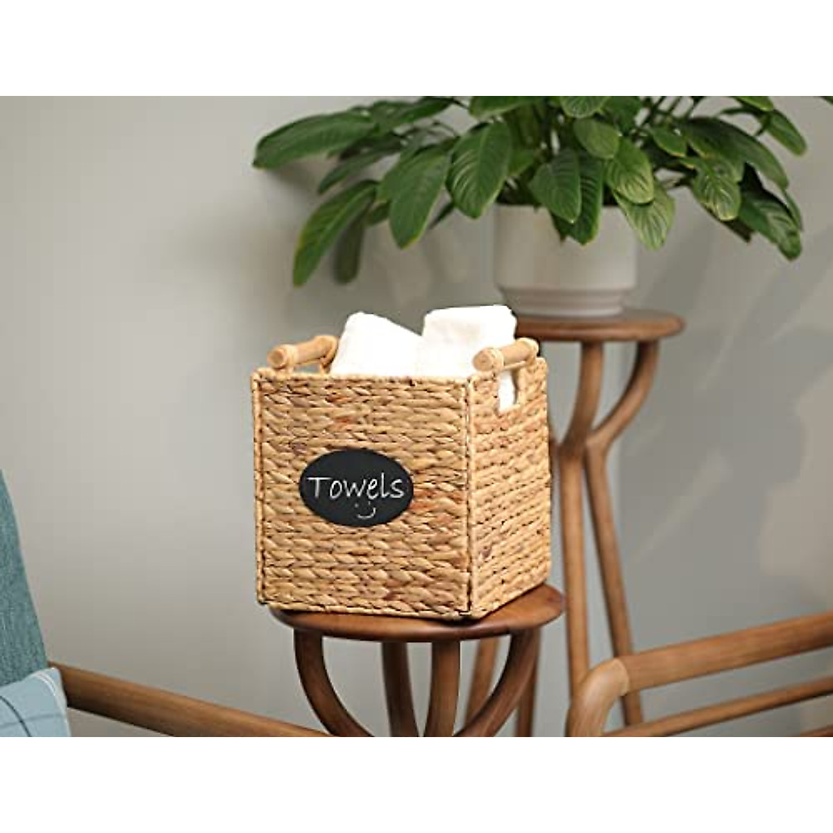 Storage Basket with Wooden Handles Made of Water Hyacinth Woven - Farm, Drawer, Wardrobe, Warehouse, Multipurpose Collapsible Storage Organizer, 4-Pack,Natural Water Hyacinth Color, Ellinia