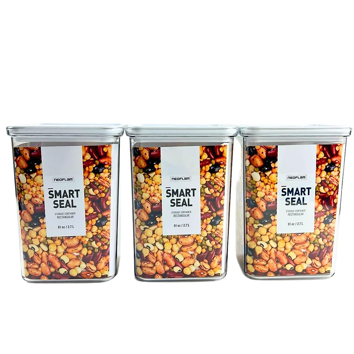 Neoflam Airtight Smart Seal Food Storage Container (Set of 3) | Crystal Clear Body | Modular, Stackable, Nestable Design | Easy to Clean, BPA Free (2.7L, Rectangular)