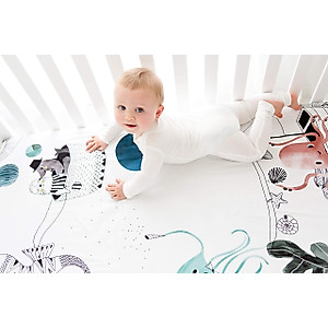 Rookie Humans 100% Cotton Sateen Fitted Crib Sheet: Underwater Love. Modern Nursery, Use as a Photo Background for Your Baby Pictures. Standard Crib Size (52 x 28 inches) Ocean Themed Baby Crib Sheet