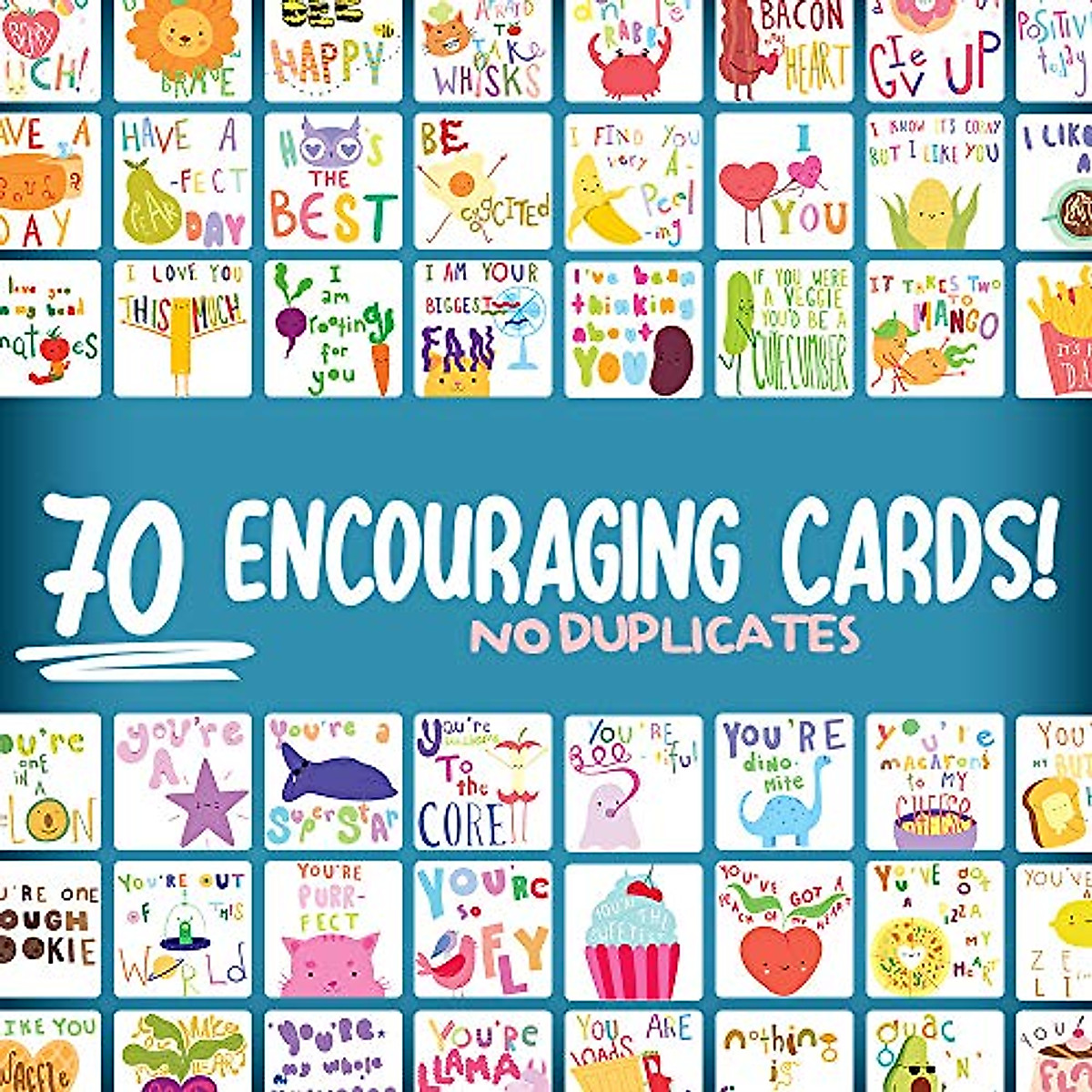 70 Motivational Cards for Kids - Lunchbox Notes - Inspirational and Encouraging Cards for Children - Funny Puns for Boys and Girls - Great for Parties, Schools, Bake Sales, Picnics