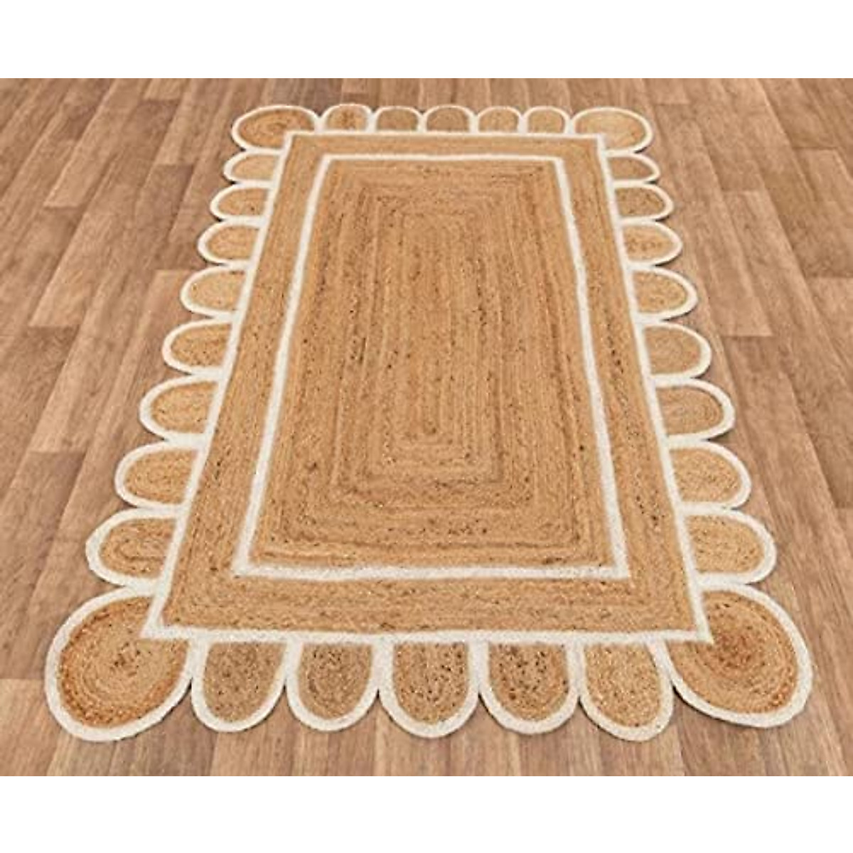 Natural Jute Scalloped Rug Bohemian Rug Decor Rug Handwoven Rug Custom Rug Decorative Rug by Durriesworld (2 x 4 FT Runner Rug), Brown and White