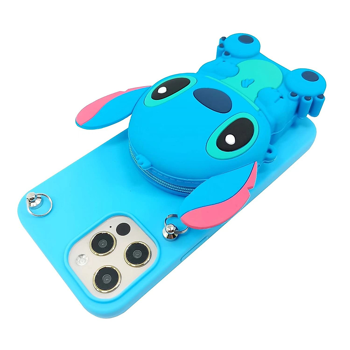 Maoerdo Case Compatible with iPhone 13 Pro Max Cute 3D Cartoon Purse Wallet with Lanyard Wrist Strap Silicone Cover Camera Lens Protector for iPhone 13 Pro Max 6.7-inch 2021 Alien Dog Blue