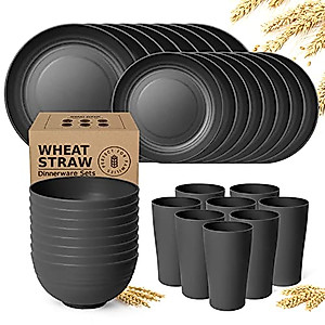 Teivio 32-Piece Kitchen Plastic Wheat Straw Dinnerware Set, Service for 8, Dinner Plates, Dessert Plate, Cereal Bowls, Cups, Unbreakable Plastic Outdoor Camping Dishes, Black