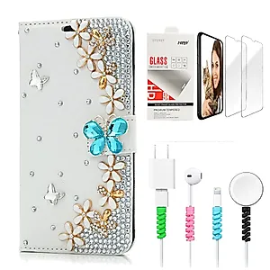 STENES Bling Wallet Luxury Phone Case Compatible with Samsung Galaxy S23 Plus - Stylish - 3D Handmade Butterfly Flowers Floral Design Leather Cover with Screen Protector & Cable Protector - Blue