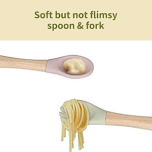 Baby Self Feeding All Natural Beech Wood Fork and Spoon Set - BPA Free, Toddler Tableware, Suitable For Stage 1 Babies - Soft Curved Food Grade Silicone Head, Gum Friendly Training (PINK)