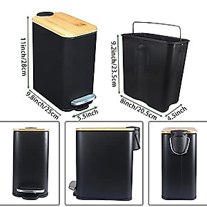SIDIANBAN Bathroom Trash Can with Bamboo Lid Soft Close and Foot Pedal, Small Rectangular Slim Garbage Can with Inner Wastebasket for Bedroom, Office, Kitchen, 1.3Gal/5L, Black