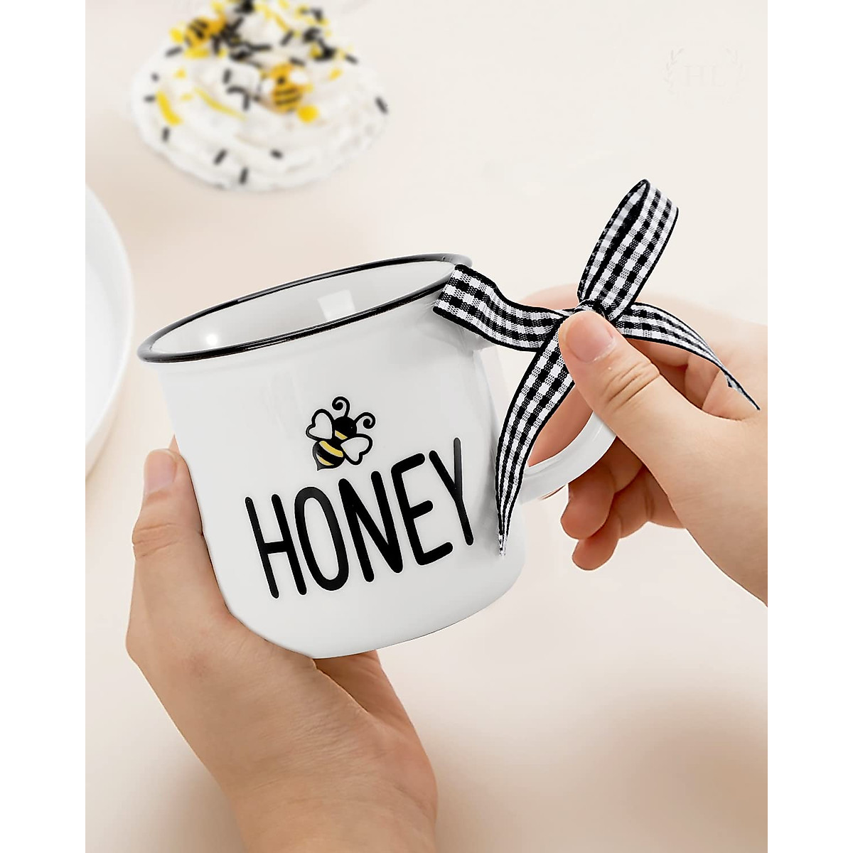 Nefelibata Farmhouse Bumble Bee Tiered Tray Decoration Honey Mini Coffee Mugs with Faux Bee Whipped Cream Toppers Spring Summer Coffee Bar Table Decor Cute Bee Day Party Photo Prop