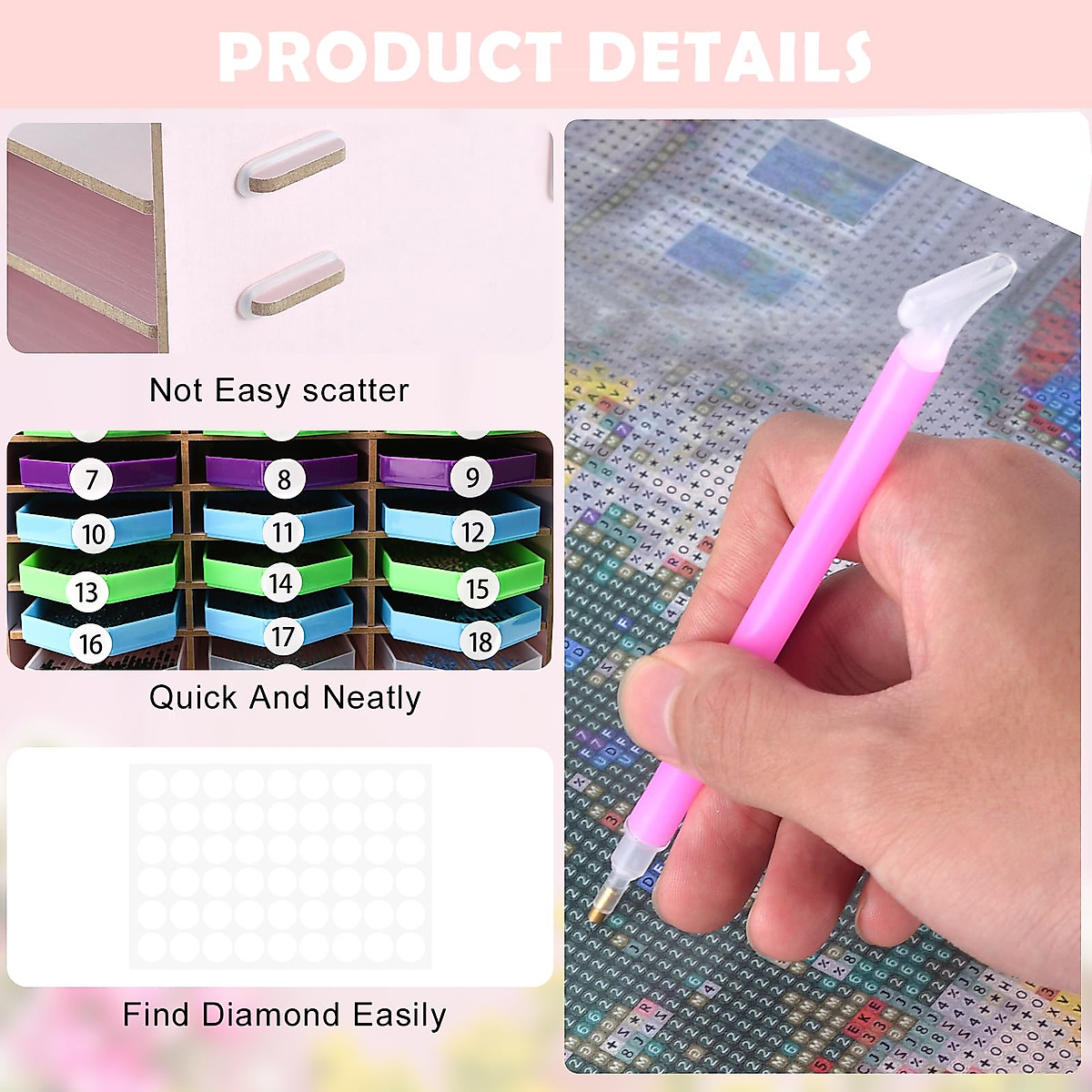 24 Grids Diamond Painting Tray Organizer with 24 Pieces Large Diamond Painting Tray Diamond Art Accessories Storage Rhinestone Dot Tools DIY Gem Art Craft Include Sticker(Pink)