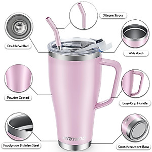 Hamino 30 oz Tumbler with Lid and Straw Handle, Double-Wall Vacuum Travel Coffee Mug with Handle, Stainless Steel Insulated Coffee Tumbler Mug Cup for Home Office Travel HOT COLD Drinks (Dream Pink)