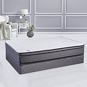 Greaton Eurotop Medium Firm Foam Mattress with 8-inch Box Spring Set, 10-inch High Damask Fabric Mattresses with 357 Coil Count, Black Border and White Top for Premium Look, (Black & White), Full XL