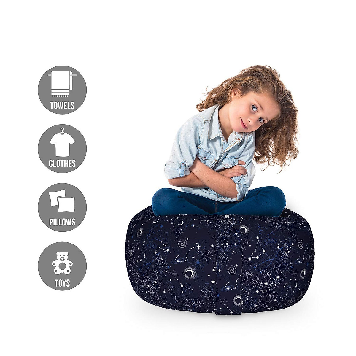 Ambesonne Blue Sky Storage Toy Bag Chair, Repeating Stars Constellation Galaxy Theme Science Outer Space Print, Stuffed Animal Organizer Washable Bag, Small Size, Night Blue
