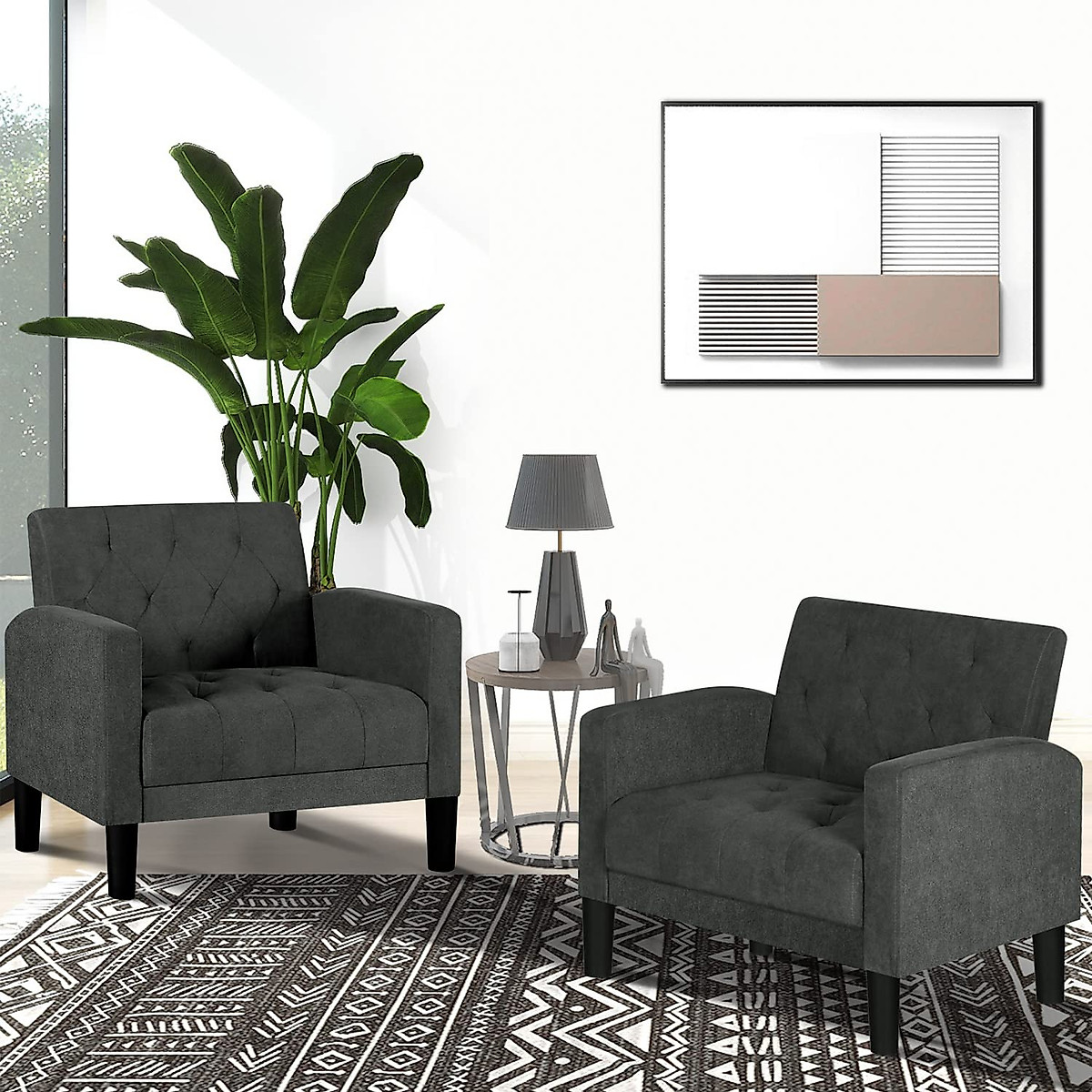 VAMEPOLE Modern Accent Chairs Set of 2, Comfy Living Room Chair, Cozy Tufted Mid Century Modern Accent Chair, Upholstered Reading Arm Chair for Living Room, Bedroom Sofa Chair(Dark Grey, Set of 2)