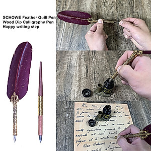 SCHOWE Feather Quill Writing Pen Wooden Dip Calligraphy Pen and Ink Set (Crown Red)