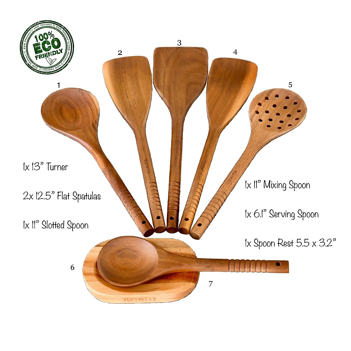 VERY NITTY Very Beautiful Kitchen Utensil Set, 7pc Wooden Cooking Utensils, Spoons and Spatula Set with Spoon Rest. Wood Kitchen Gadgets, Tools and Supplies for Cooking, Baking, Mixing and Salad Bowl